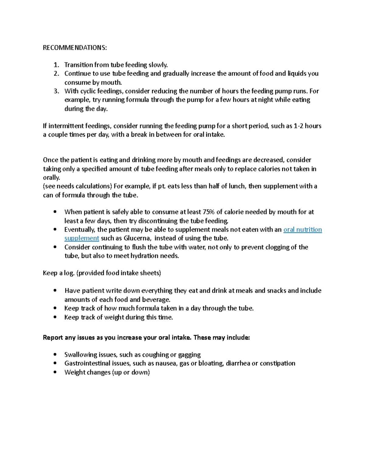 Transitioning Enteral Feedings to oral intake - RECOMMENDATIONS ...