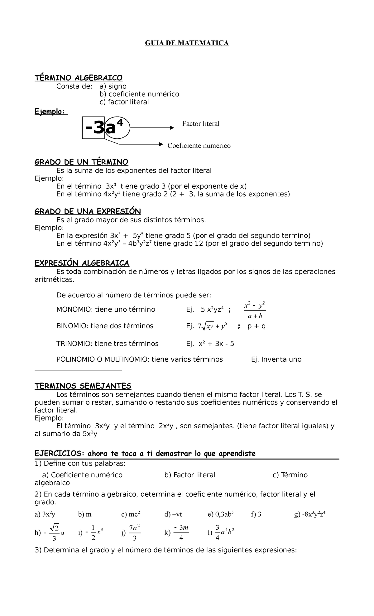 NM 1 algebra - GUIA DE MATEMATICA TÉRMINO ALGEBRAICO Consta de: a ...