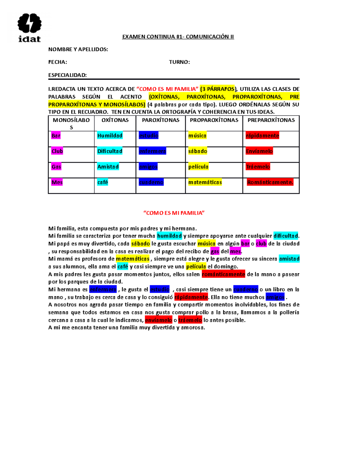 Examen Continua 01 - ddvv - EXAMEN CONTINUA 01- COMUNICACIÓN II NOMBRE ...