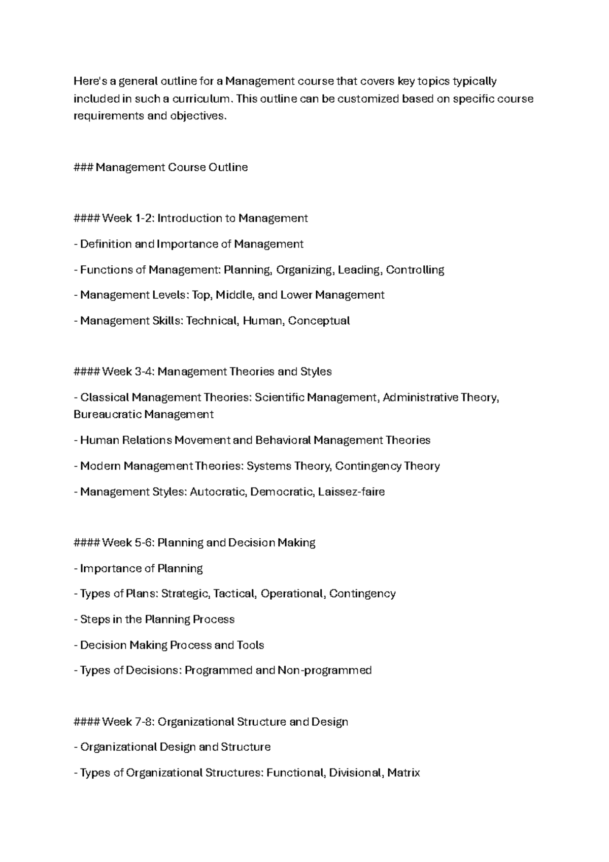 Outline for Principle of Management - Here's a general outline for a ...