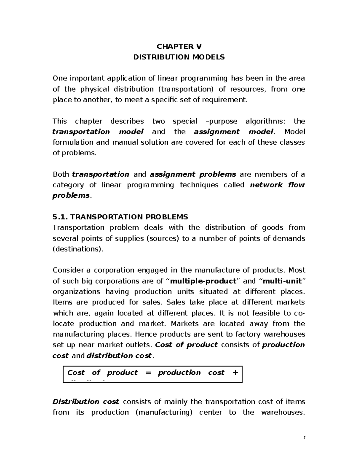 Chapter V Transportation AND Assignment Problems - CHAPTER V ...