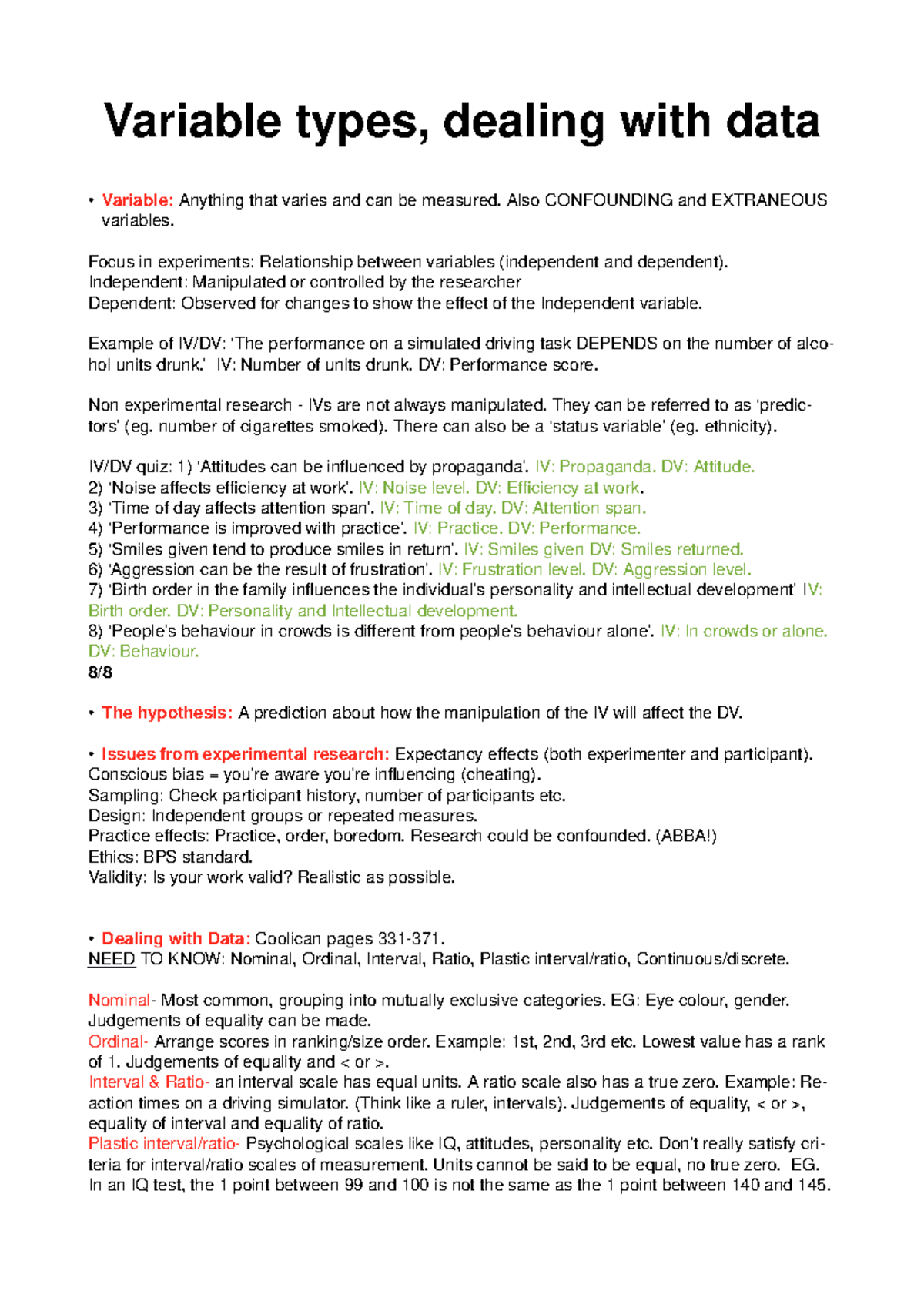 Variable types, dealing with data - Also CONFOUNDING and EXTRANEOUS ...