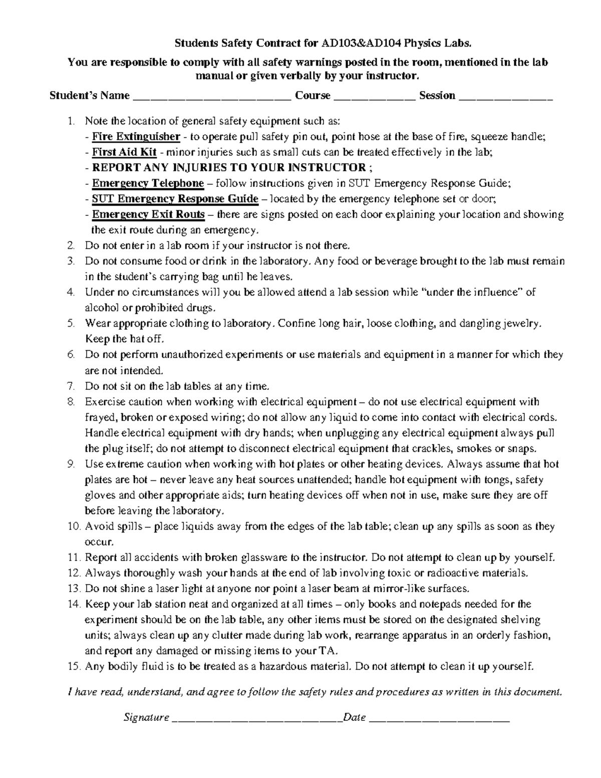 Labsafety - Lab Safety - Students Safety Contract for AD103&AD104 ...