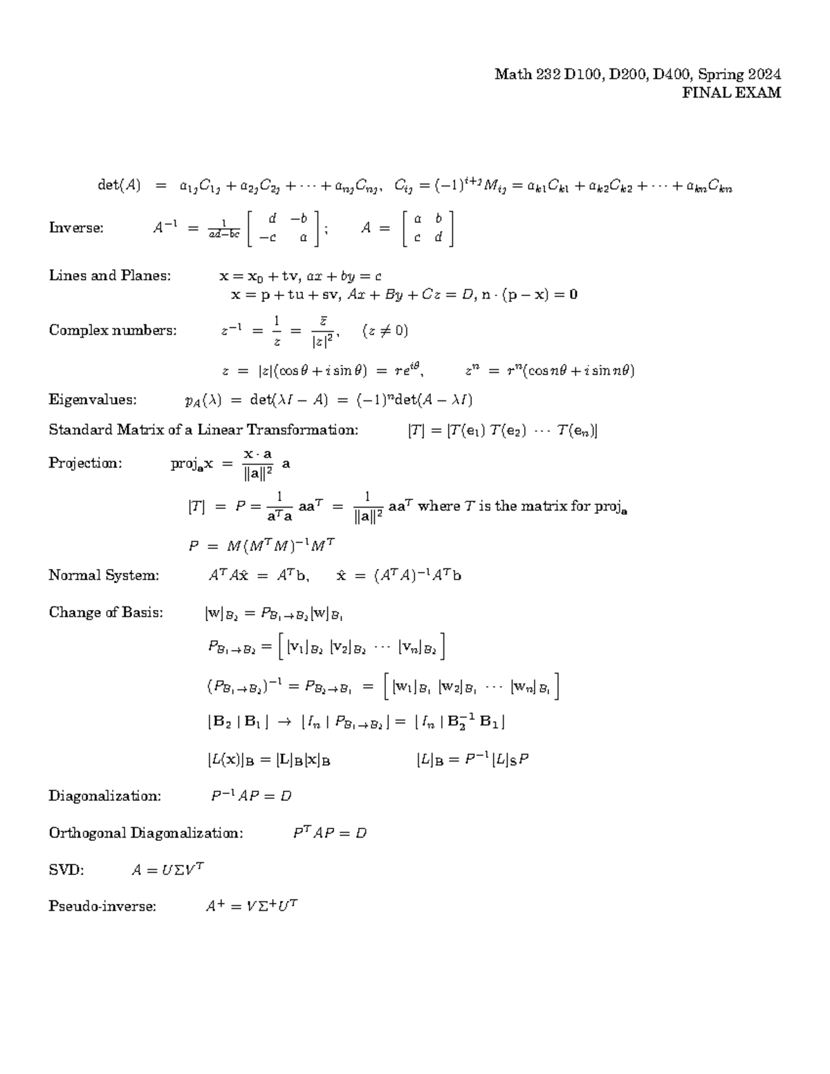MATH232 Finalspring 2024 formulasheet - Math 232 D100, D200, D400 ...