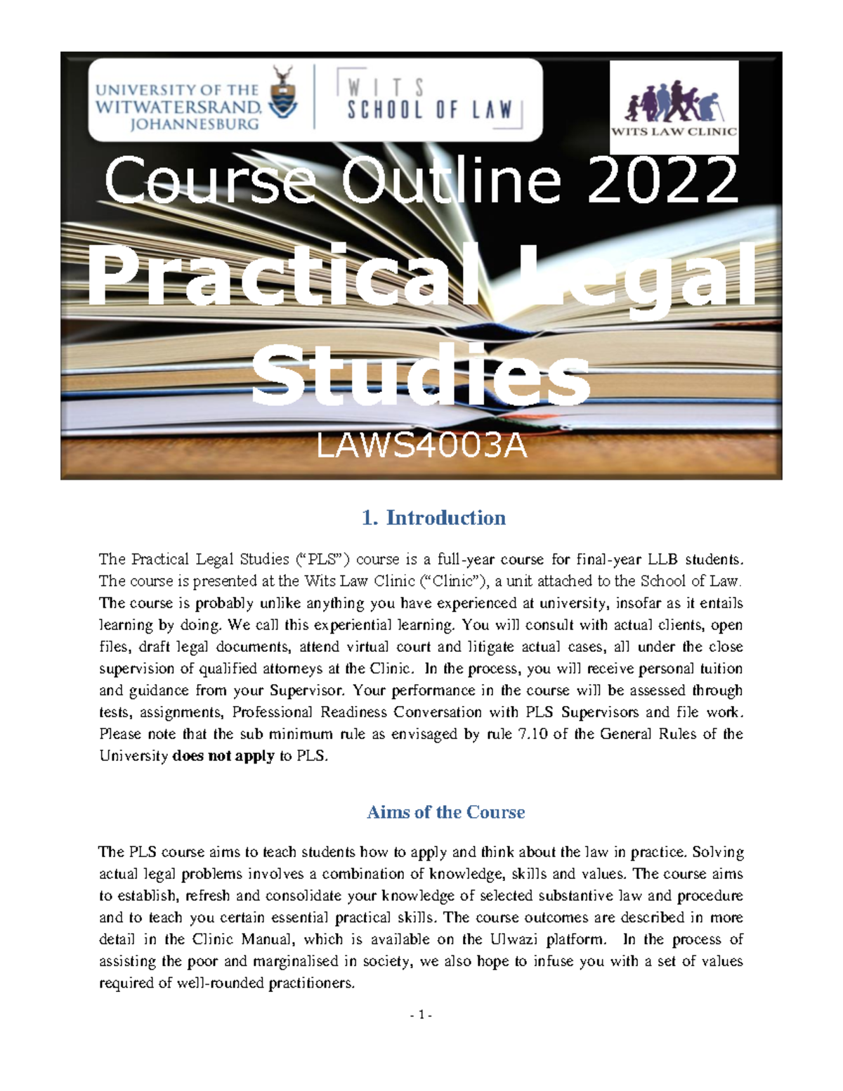 Practical Legal Studies Course Outline 2022 - 1. Introduction The ...