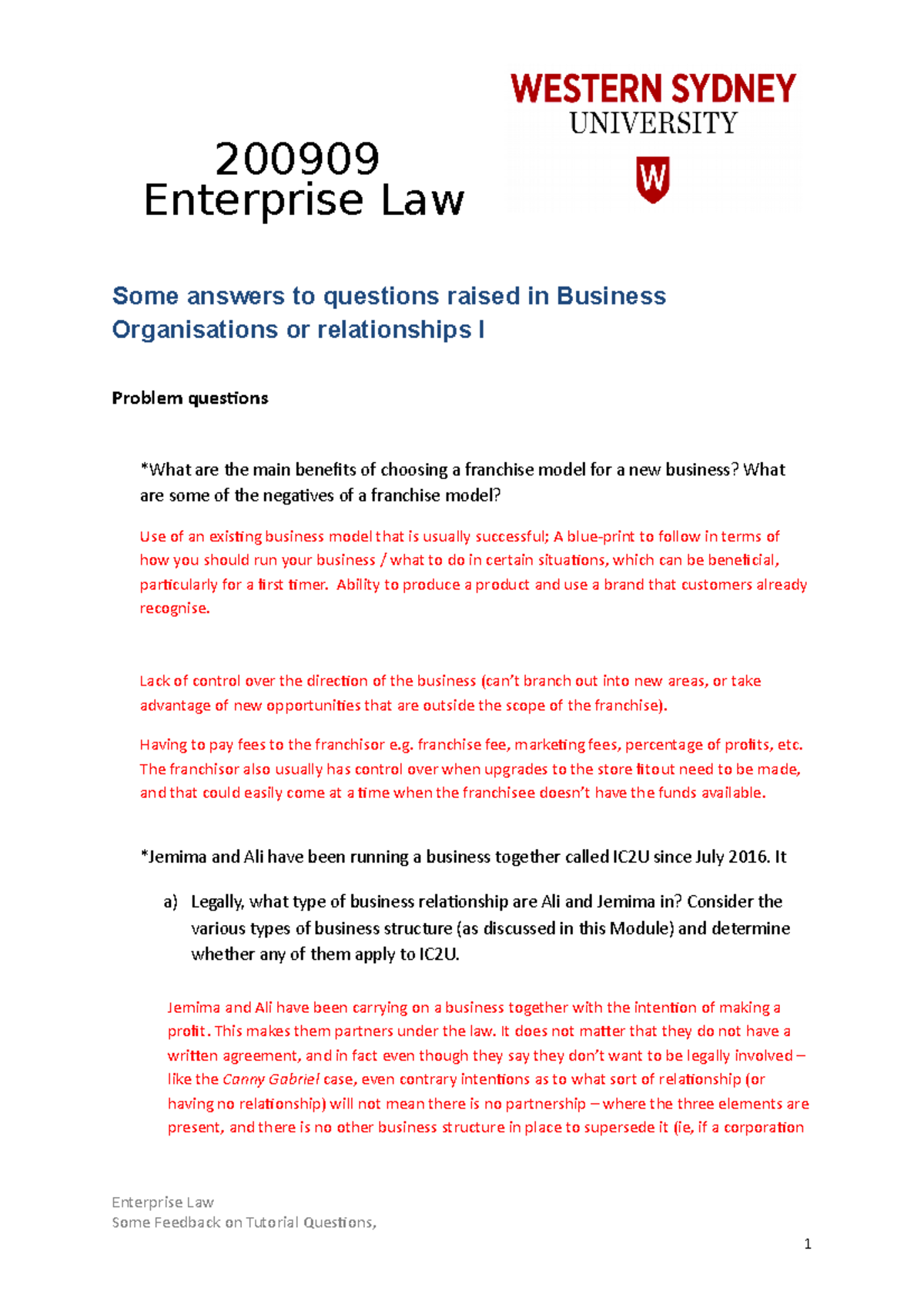 Business structures I answers - 200909 Enterprise Law Some answers to ...