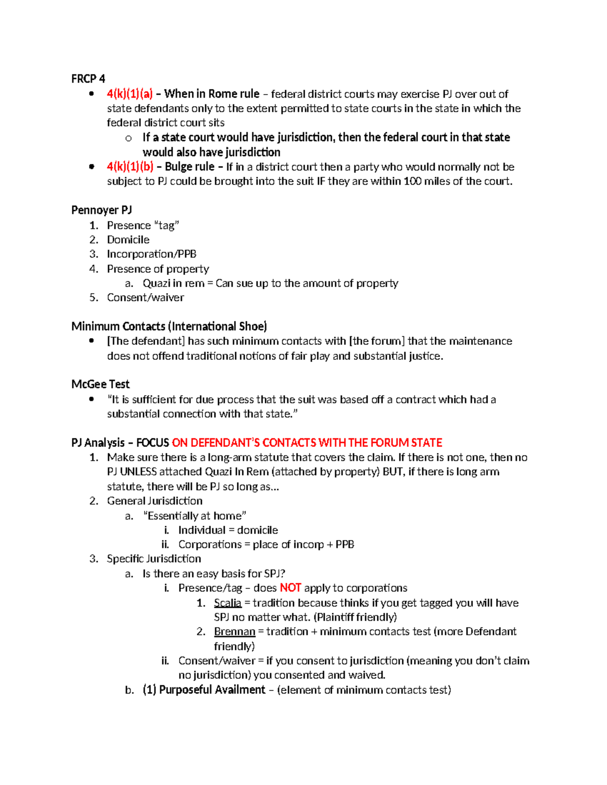CPJ Attack Outline - FRCP 4 4(k)(1)(a) – When in Rome rule – federal ...