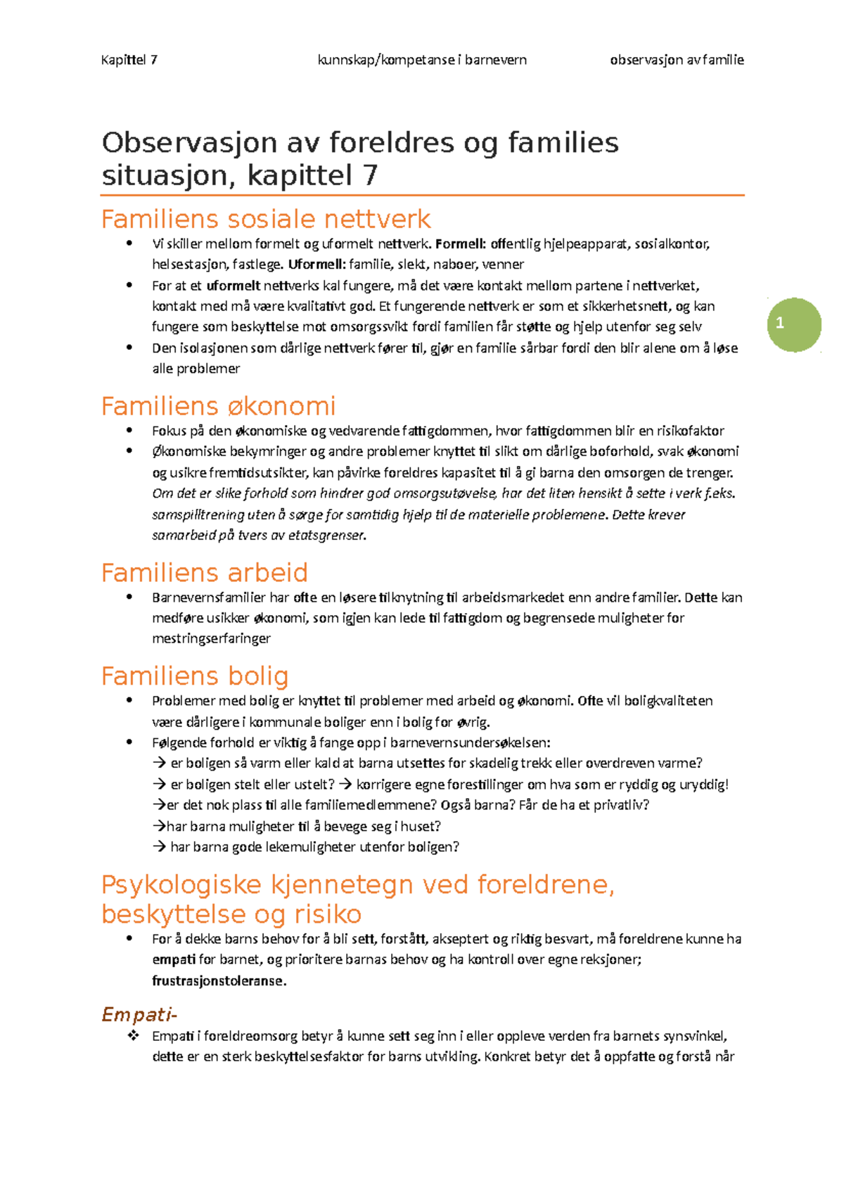 Kapittel 7 om observasjon av foreldrenes og familiens situasjon ...