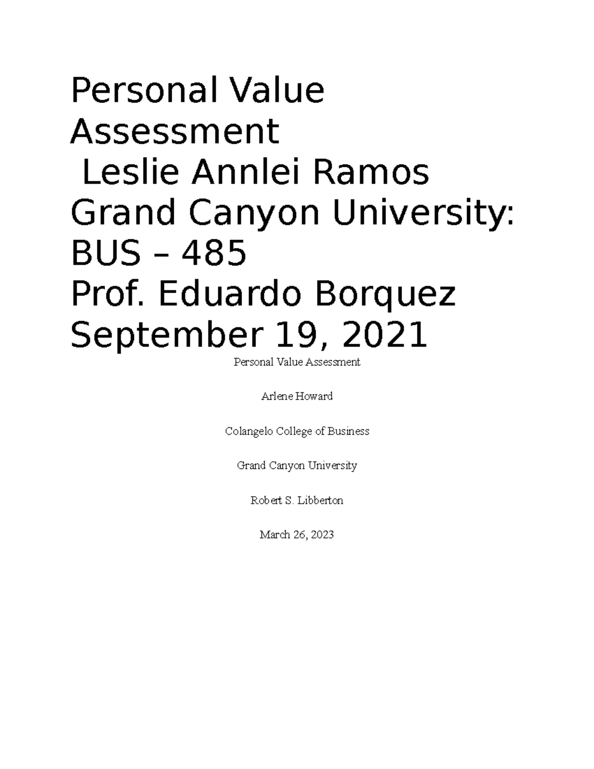 Personal Value Assessment - Personal Value Assessment Leslie Annlei ...