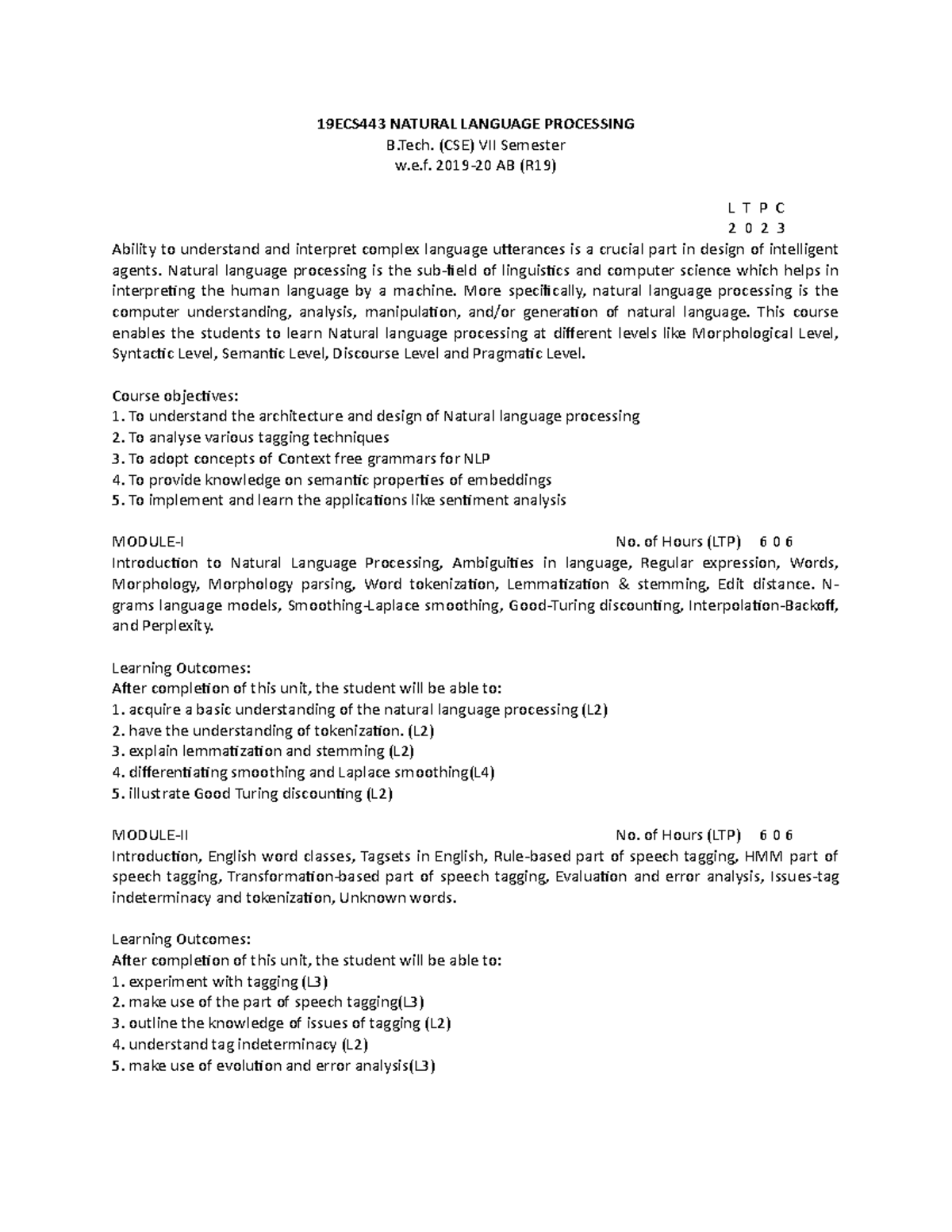 19ecs443 Nlp Syllabus Sem 7 R19 19ecs443 Natural Language Processing B Cse Vii Semester W