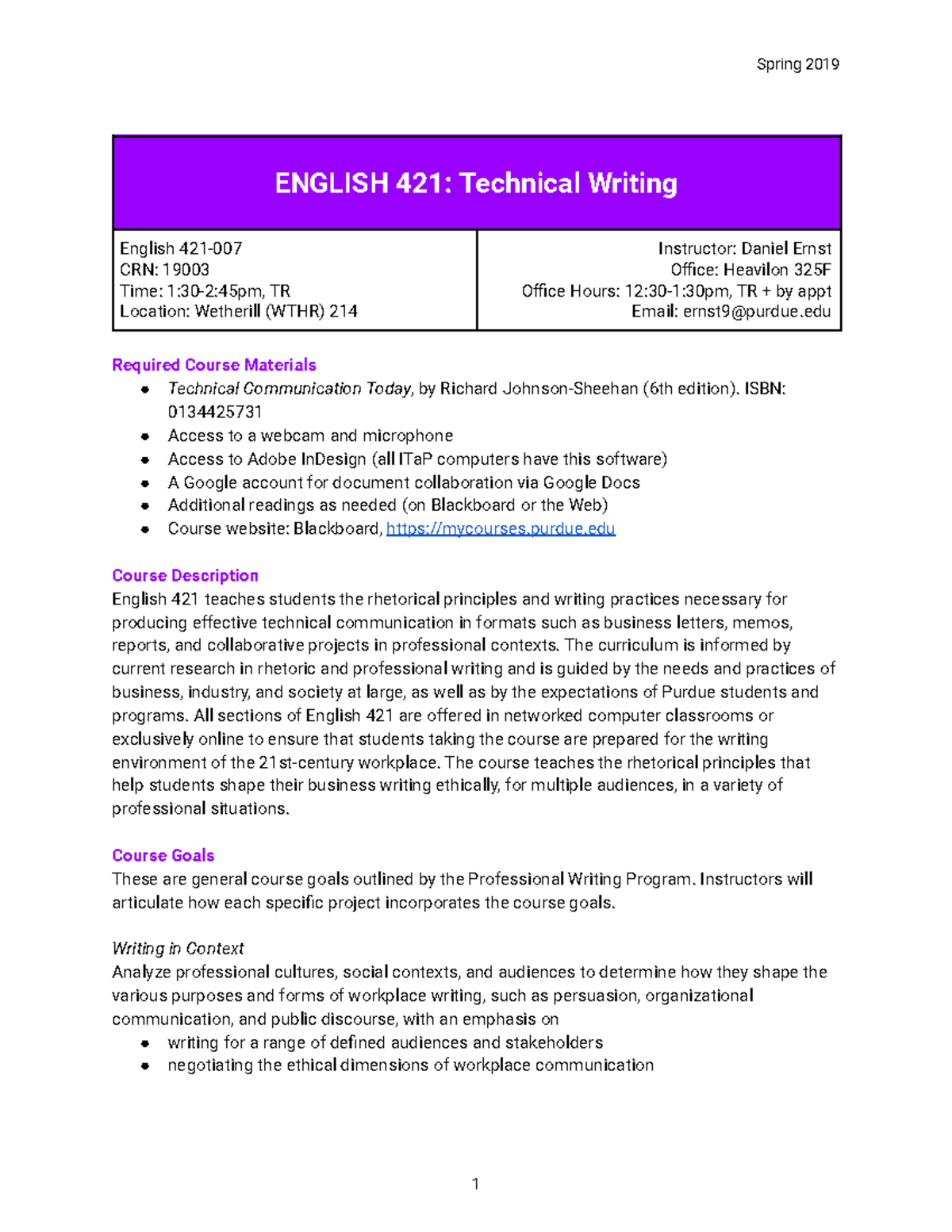 421 Syllabus SP19 007 - ENGLISH 421: Technical Writing English 421- CRN ...