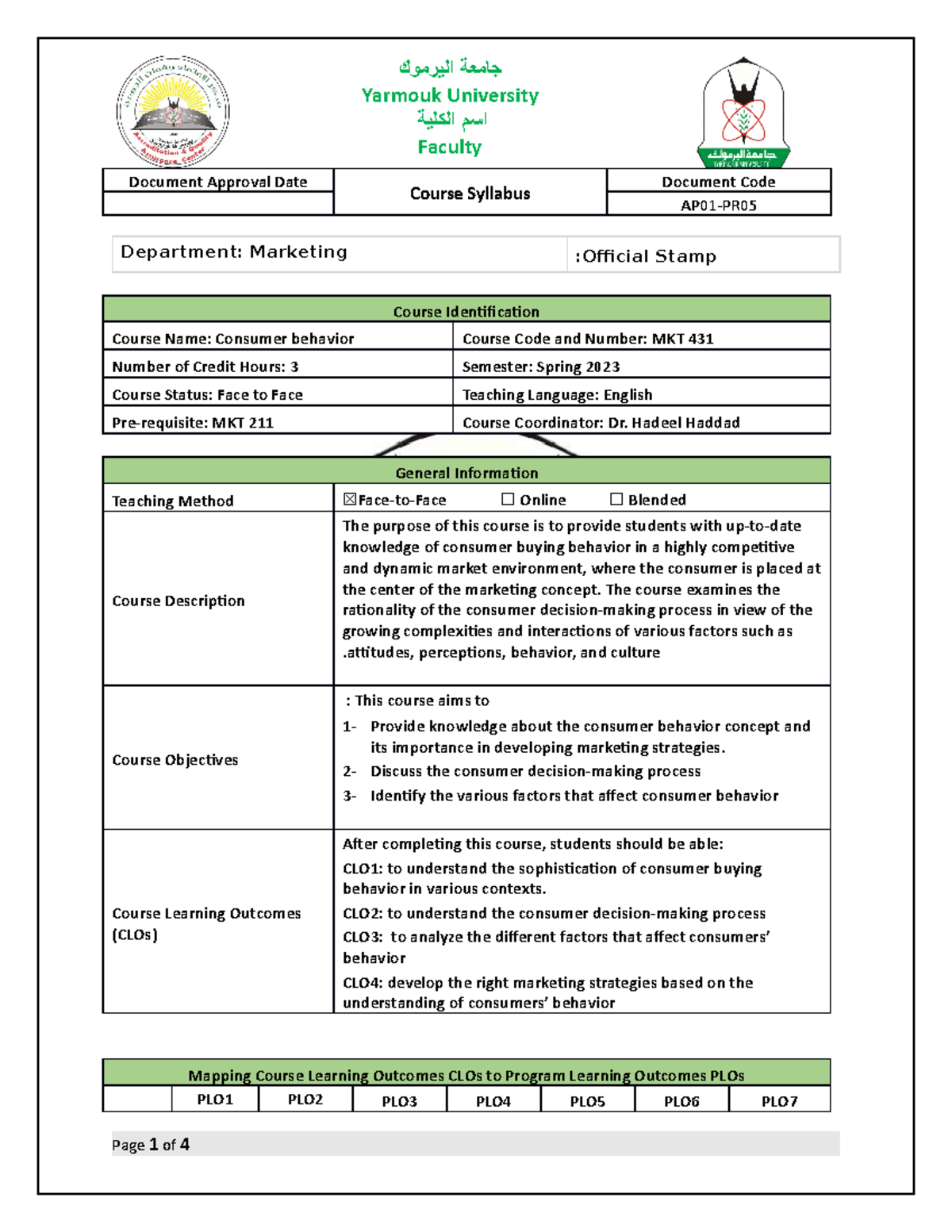 Consumer behavior syllabus - Yarmouk University اسم الكلية Faculty ...