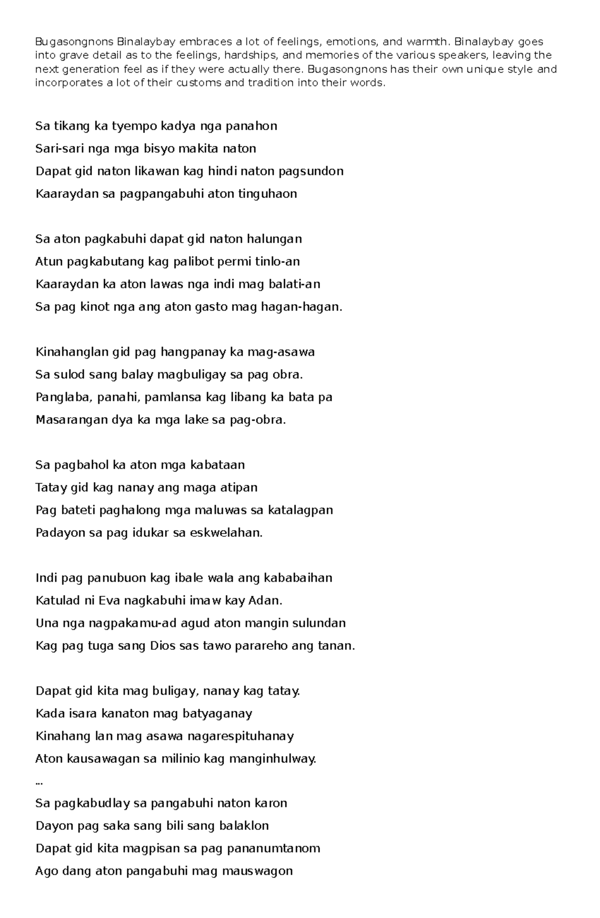 Binalaybay - bcbdbdz - Bugasongnons Binalaybay embraces a lot of ...