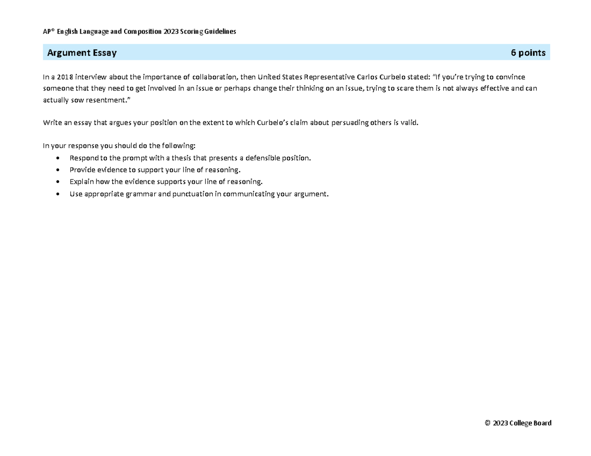 Argumentative Writing Carlos Curbelo Sampls and Scoring Commentary - AP ...