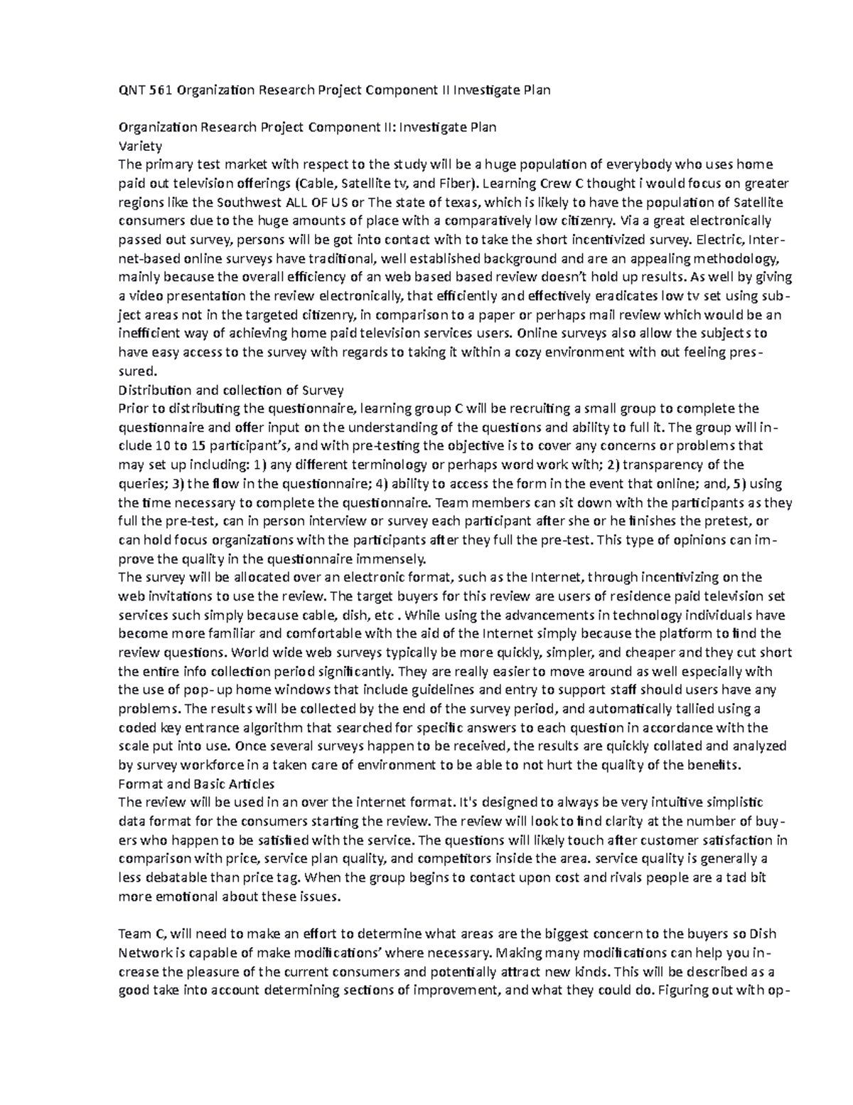 QNT 561 Business Research Project Part II Research Plan1 - QNT 561 ...