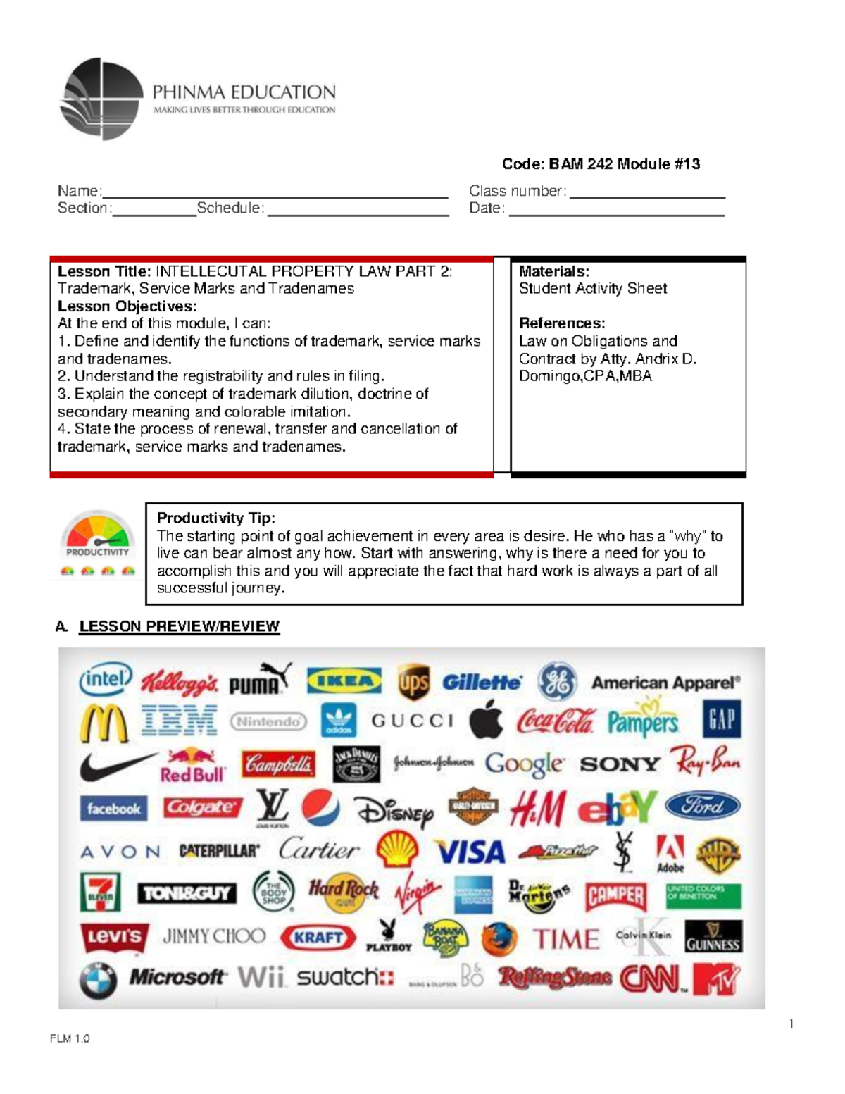 BAM 242 MODULE 13 - Name: Section: Schedule: Class number: Date: 1 ...