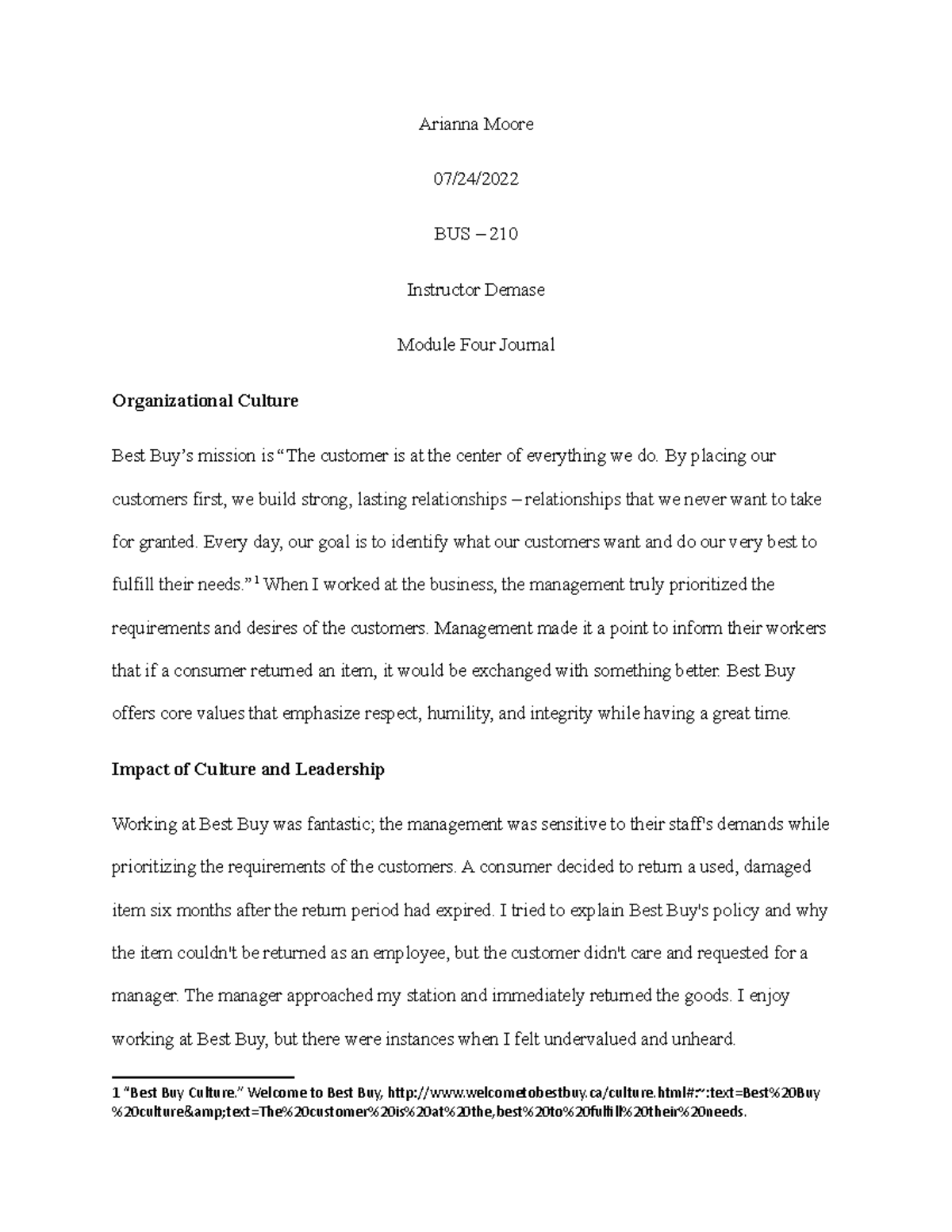 BUS 210 - Module Four Journal - Arianna Moore 07/24/ BUS – 210 ...