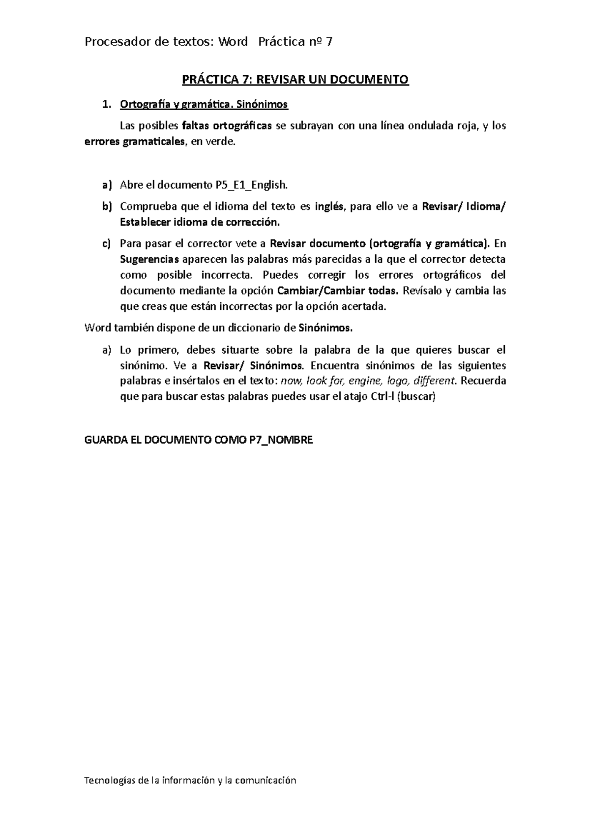 P7 Revisar un documento - Procesador de textos: Word Práctica nº 7 ...