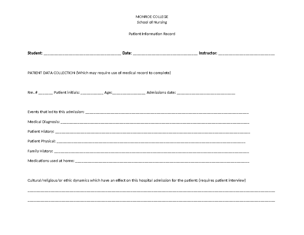 Patient Information Record - MONROE COLLEGE School of Nursing Patient ...
