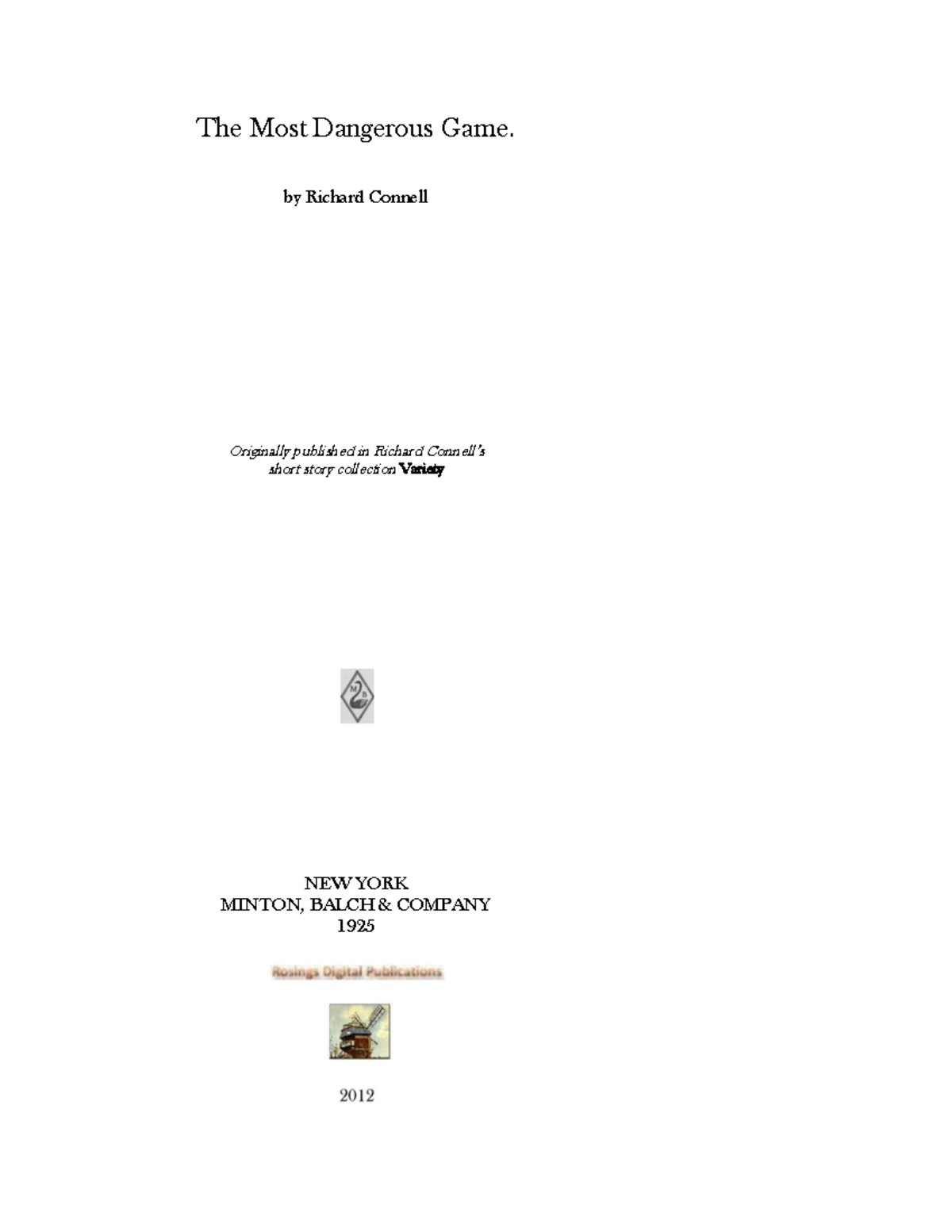 The Most Dangerous Game PDF - by Richard Connell Originally published ...