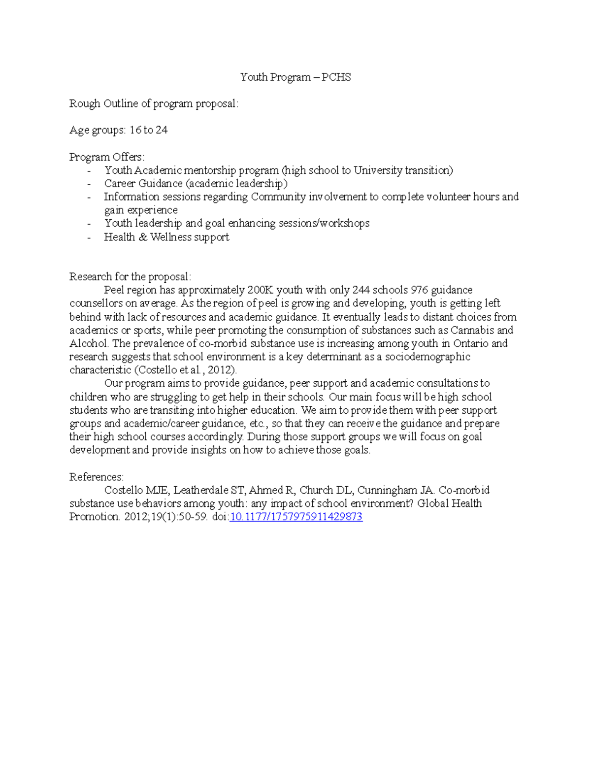 Youth Program assignment - Youth Program – PCHS Rough Outline of ...
