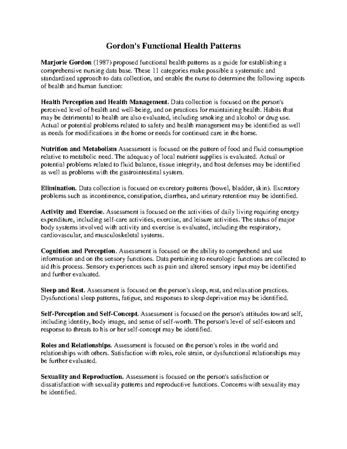 Gordon's Functional Health Patterns - Gordon's Functional Health ...