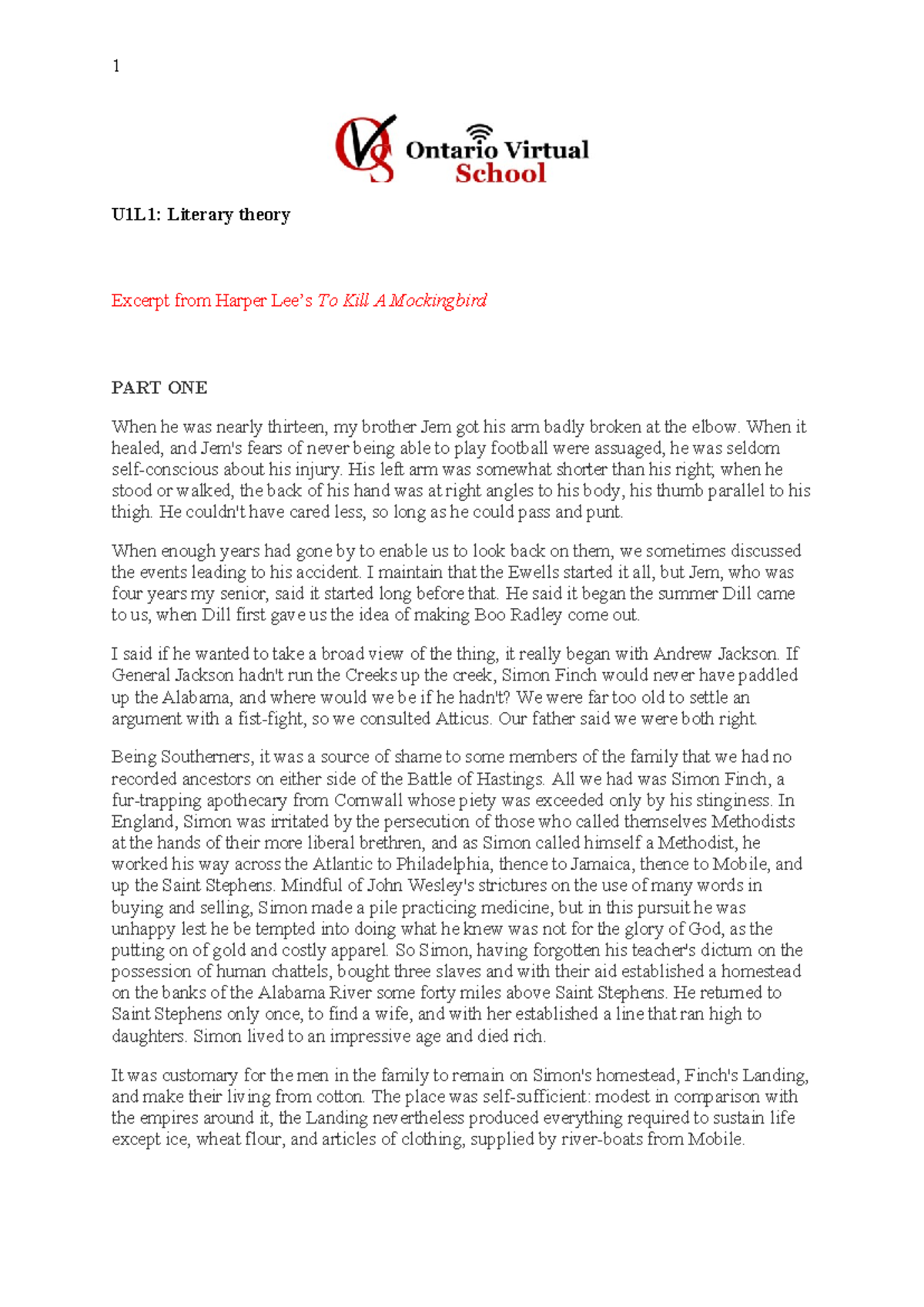 U1L1-Literary theory-Assignment-Reading - U1L1: Literary theory Excerpt from Harper Lee’s To ...
