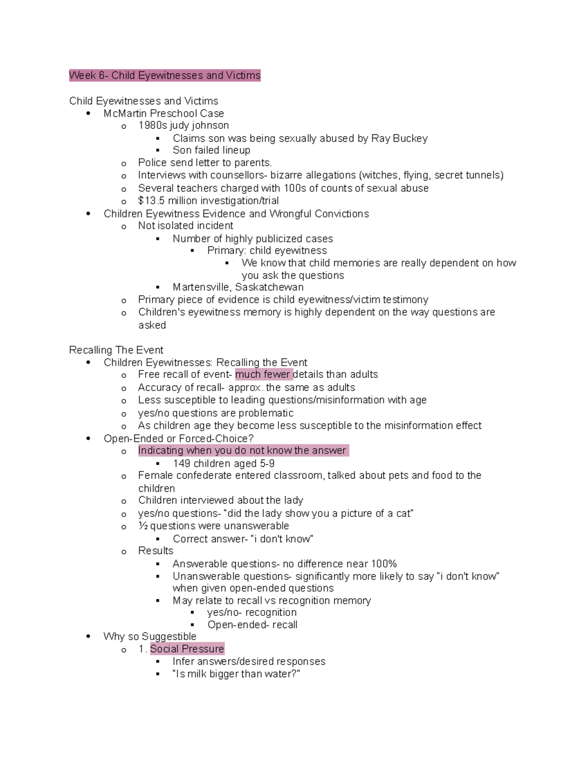 Forensic Psychology Lecture Notes- Week 6- Child eyewitness and victims ...