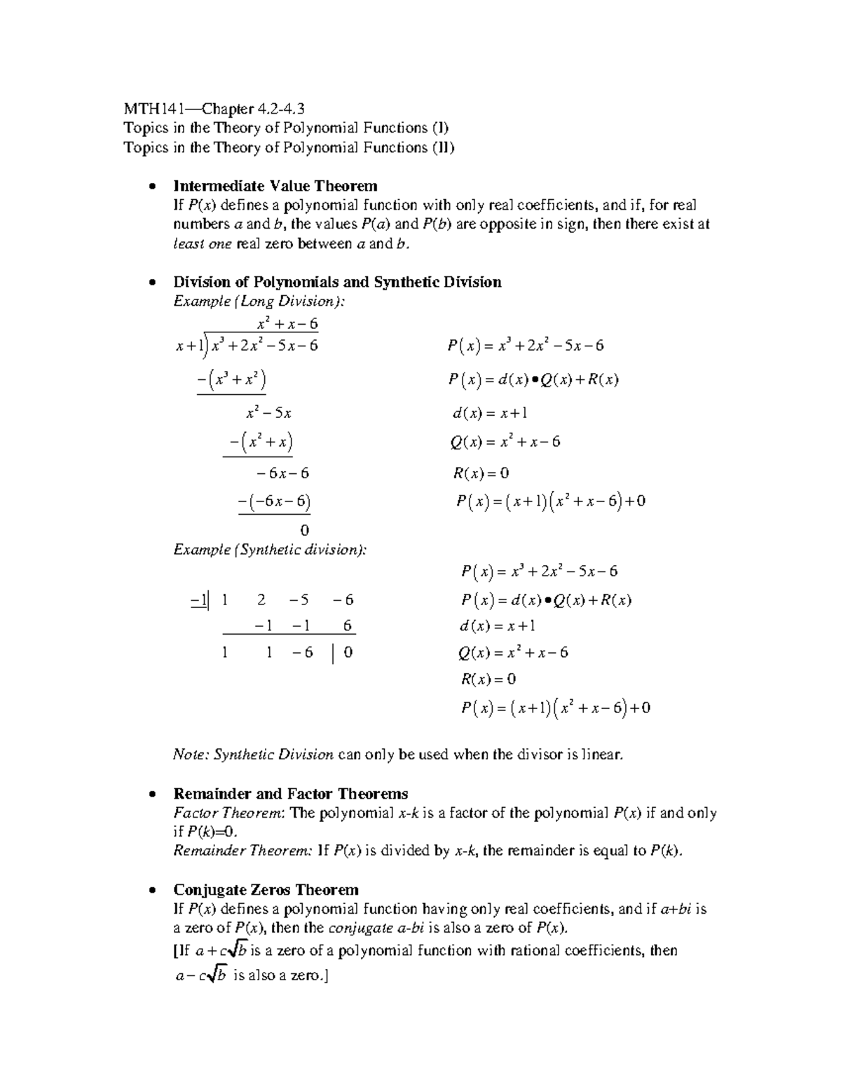MTH141 4.2-4.3 notes - MTH141—Chapter 4-4. Topics in the Theory of ...