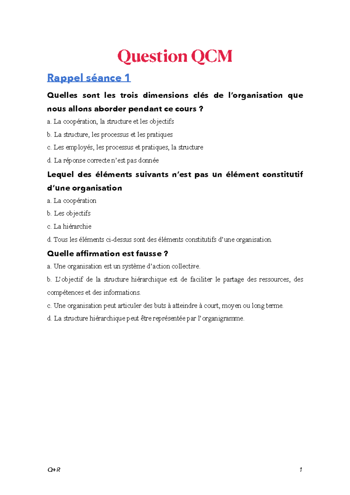 QCM de révisions - qcm revision - Question QCM Rappel séance 1 Quelles ...