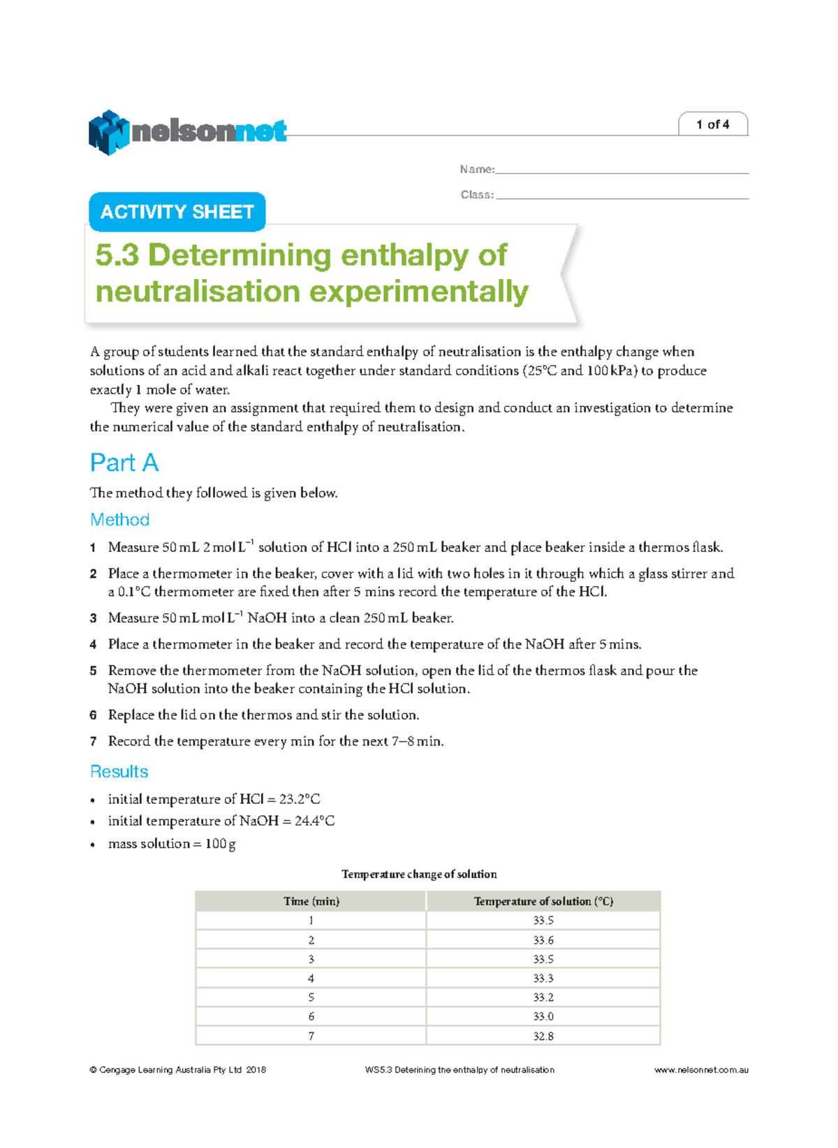 Determining enthalpy of neutralisation expermentally - Class: Name: A ...