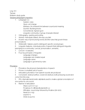 Midterm Study Guide - Ling 101 Tamasi Midterm study guide Studying ...