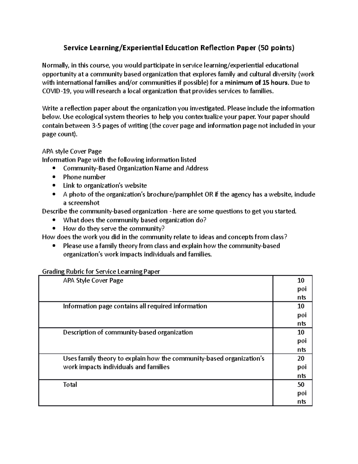 Service Learning Overview and Rubric - Service Learning/Experiential ...