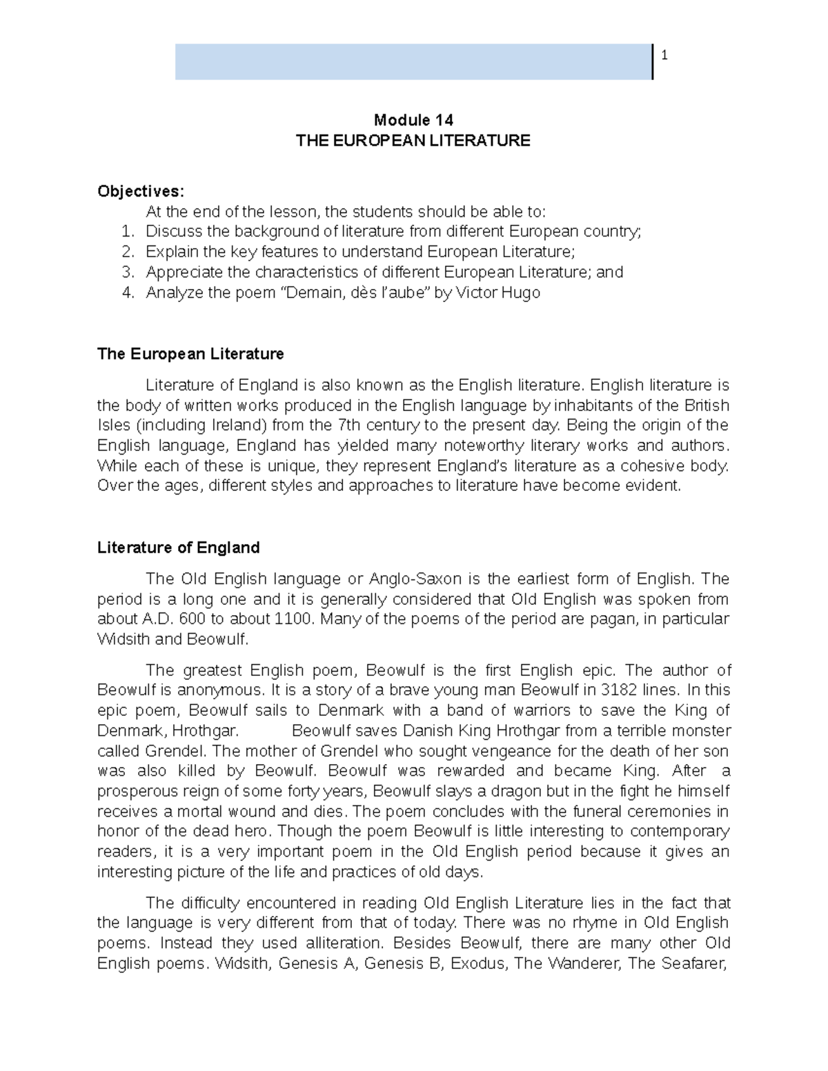 Lil 2 Module 14 The European Literature - 1 Readings on World’s ...