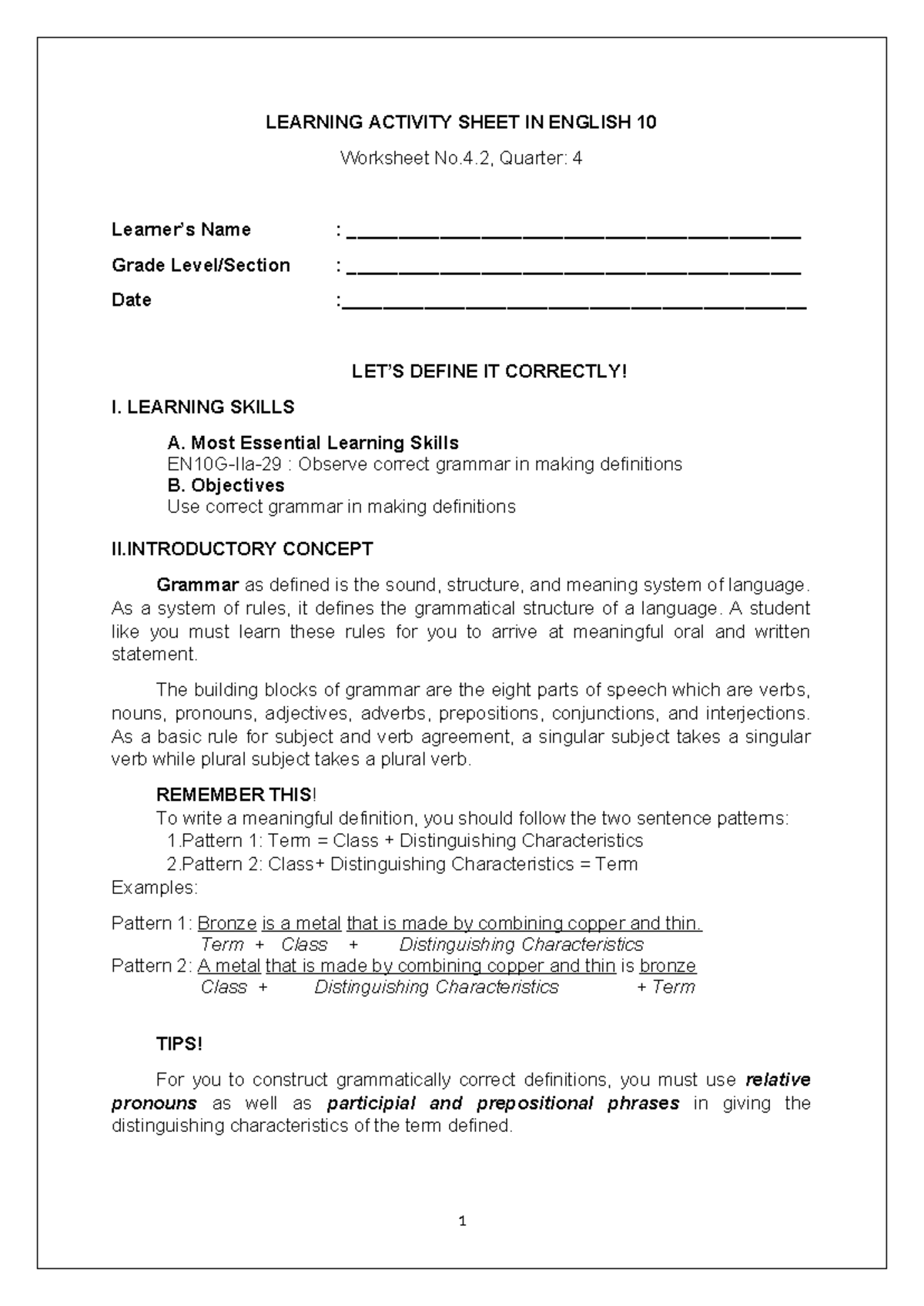 E10 Q4 MELC 4 LAS 4 - LEARNING ACTIVITY SHEET IN ENGLISH 10 Worksheet No.4, Quarter: 4 Learner’s ...