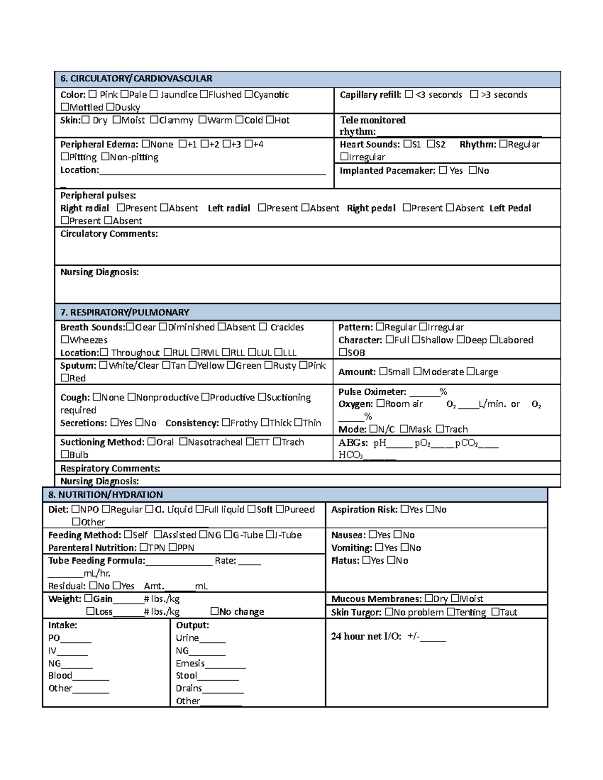 Patient Database form - 6. CIRCULATORY/CARDIOVASCULAR Color: ☐ Pink ...