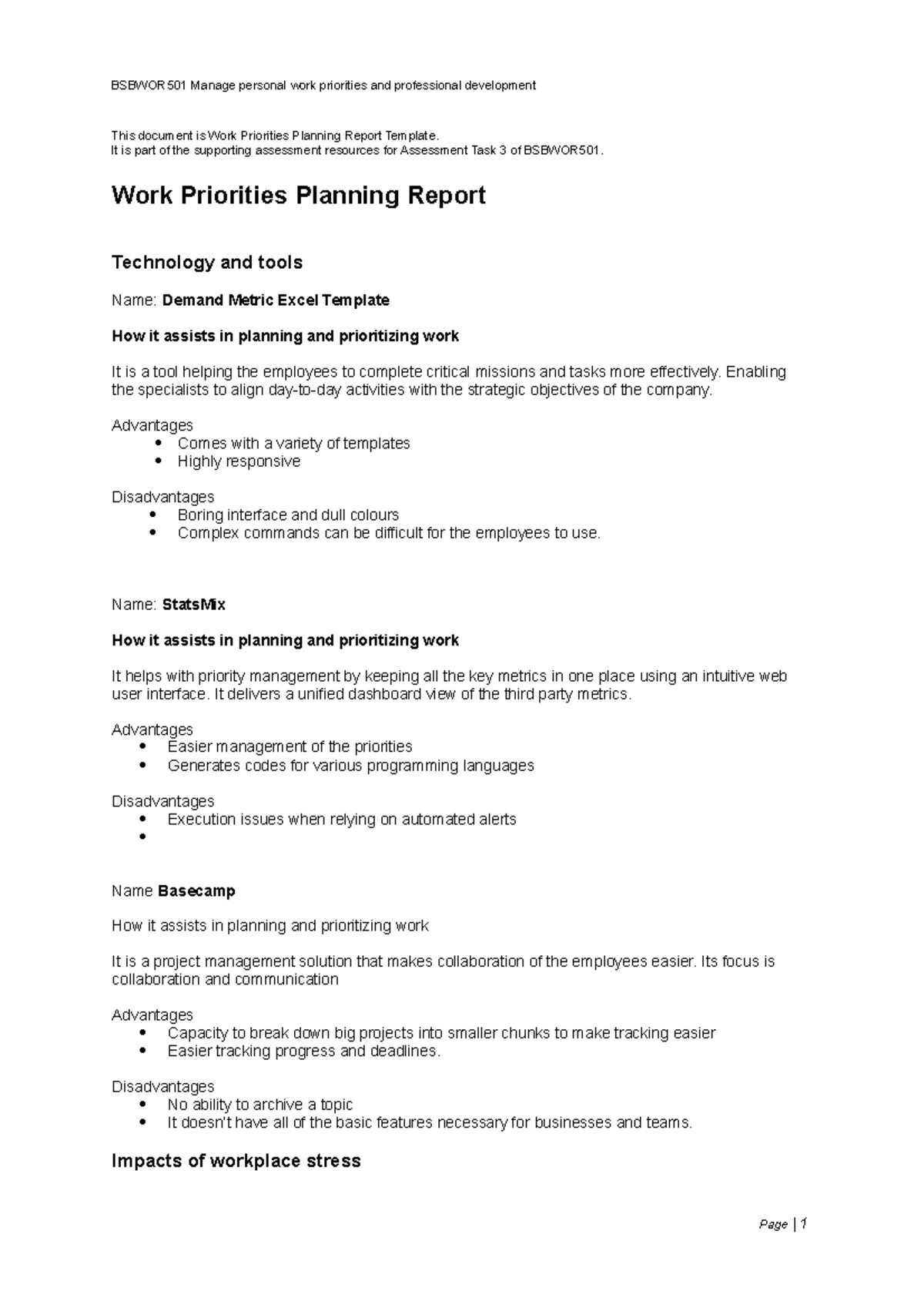 Work Priorities Planning Report Template - It is part of the supporting ...