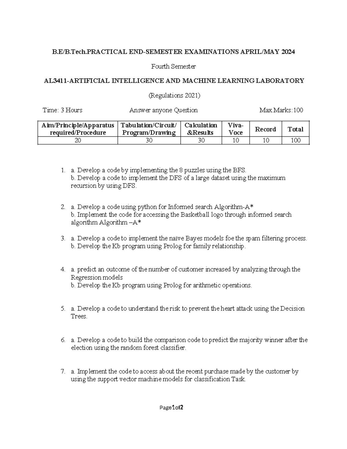 AL3411 SET2 - Practical question paper for AIML in EEE and Mech ...