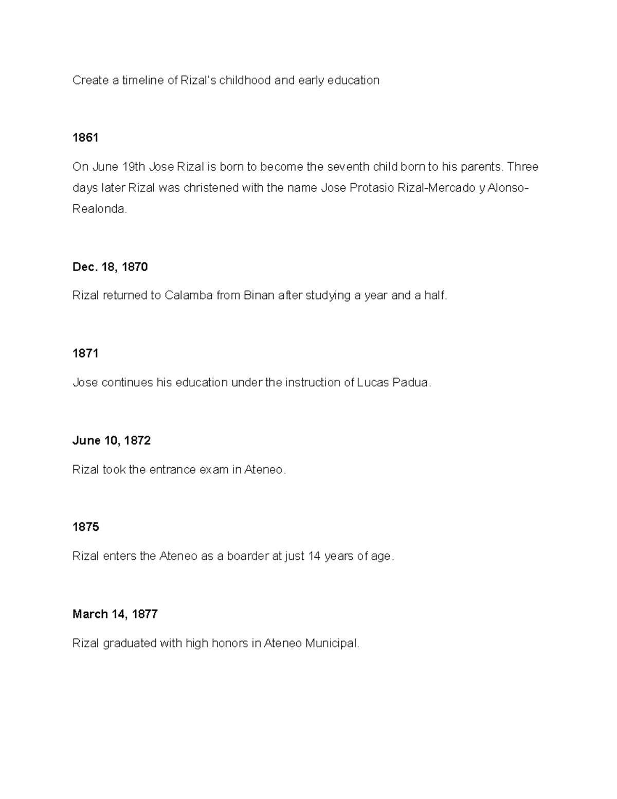 Timeline Of Jose Rizal s Chilhood And Early Education Life And Works