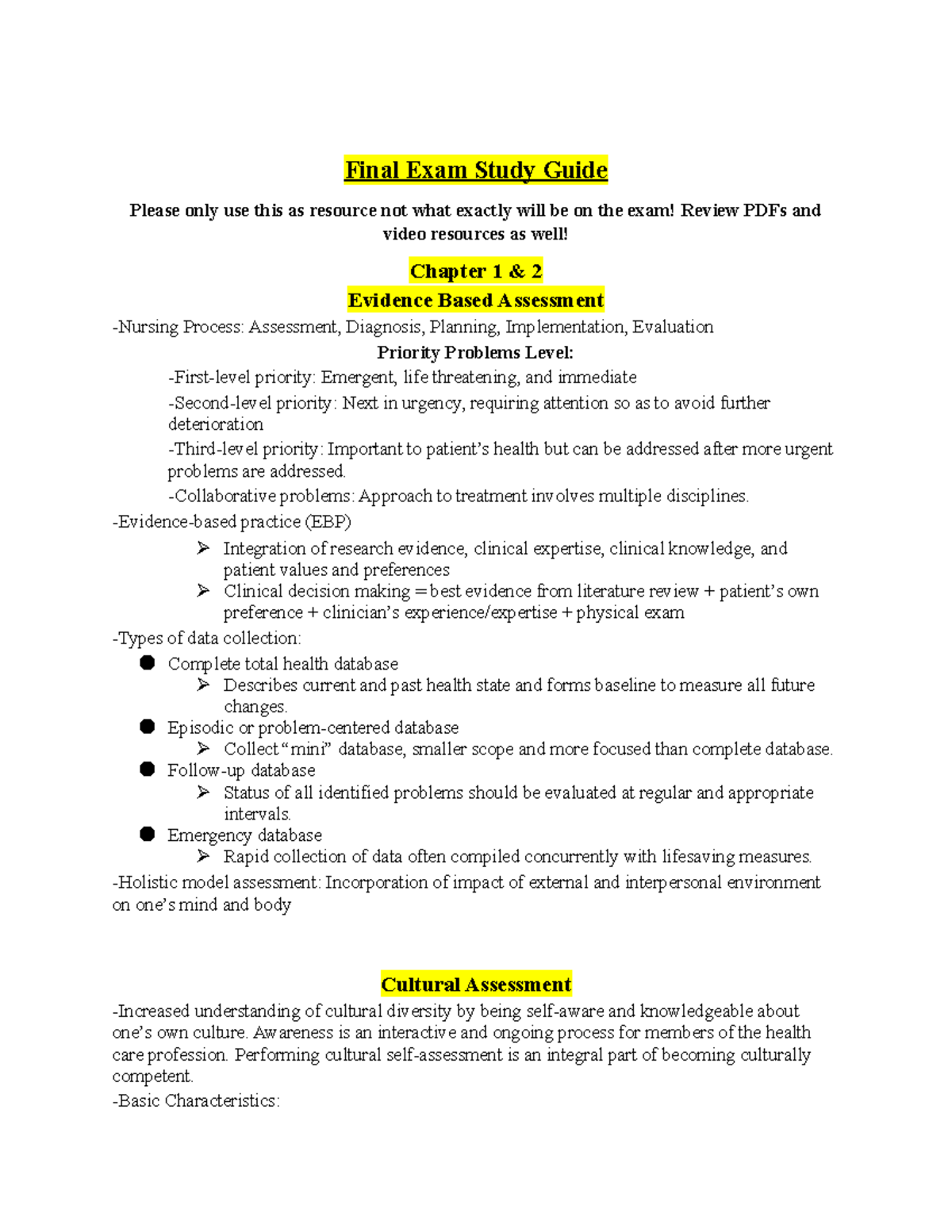 Final Exam Study Guide: Evidence Based Assessment Process Cultural ...