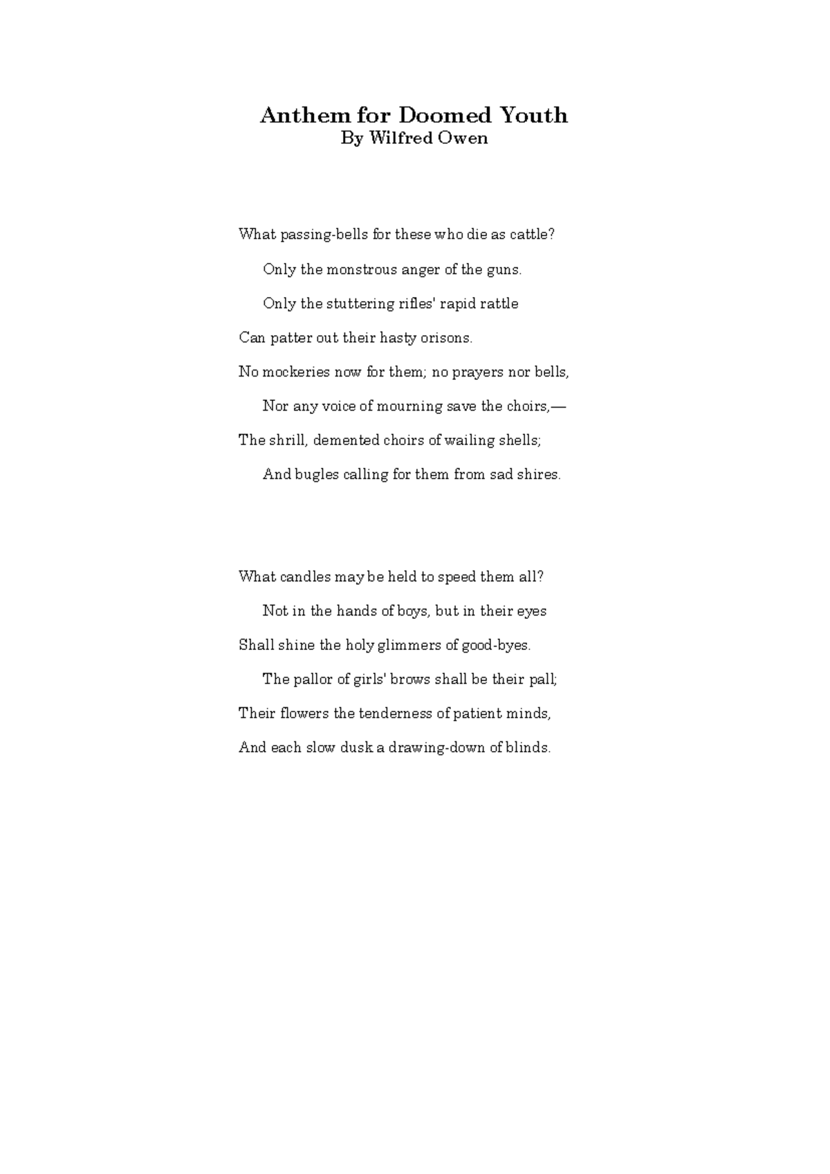 Wilfred Owen Anthem for Doomed Youth - Anthem for Doomed Youth By ...