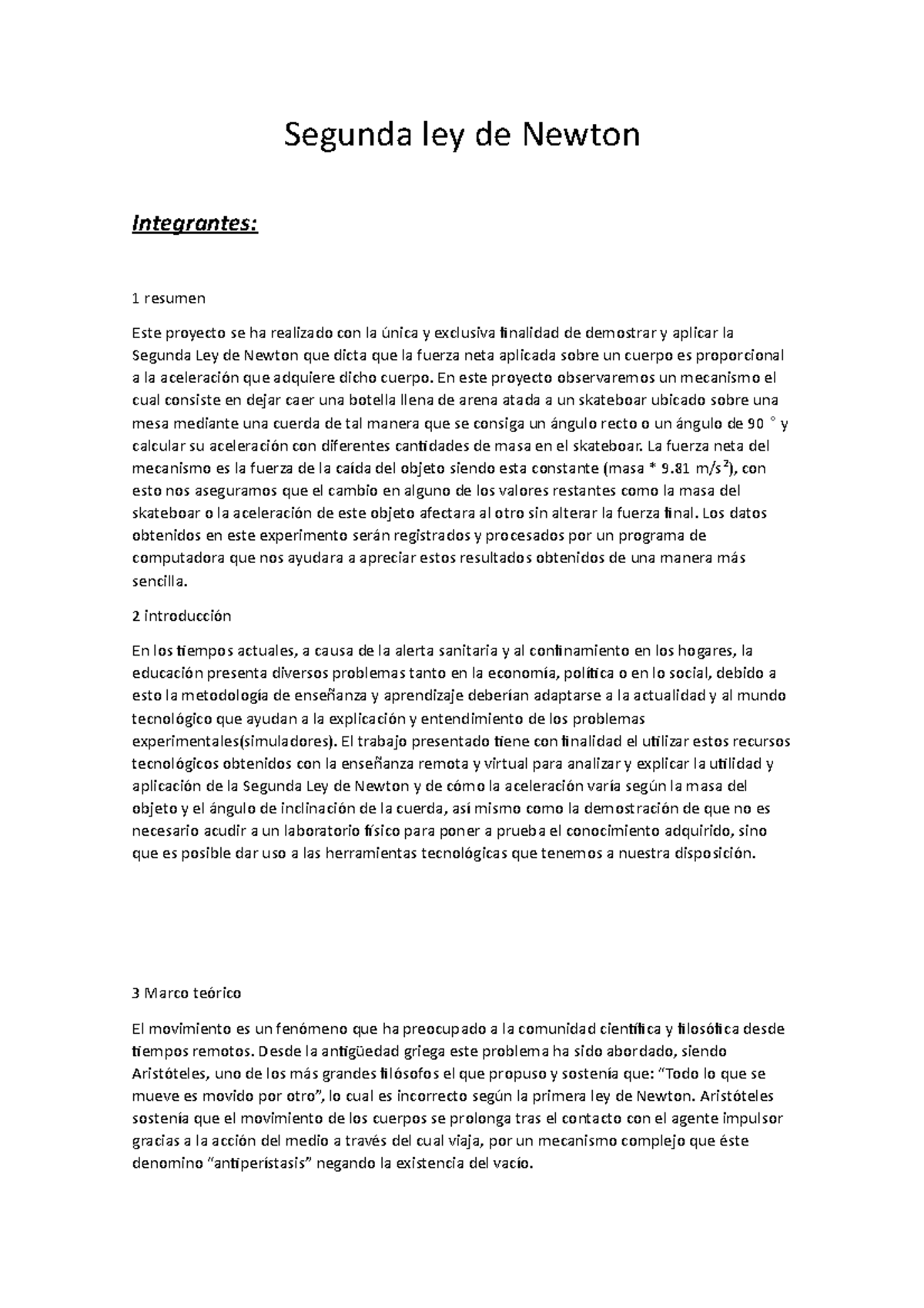 Segunda Ley De Newton Segunda Ley De Newton Integrantes 1 Resumen 4443