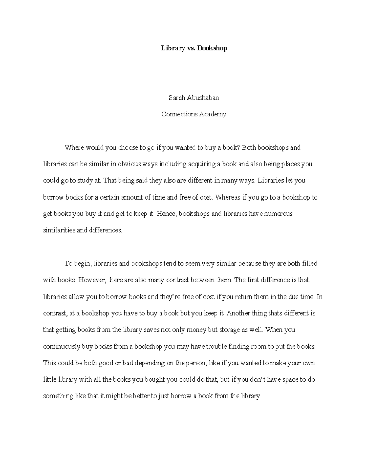 Compare and contrast essay- Library vs. Bookshop - Library vs. Bookshop ...