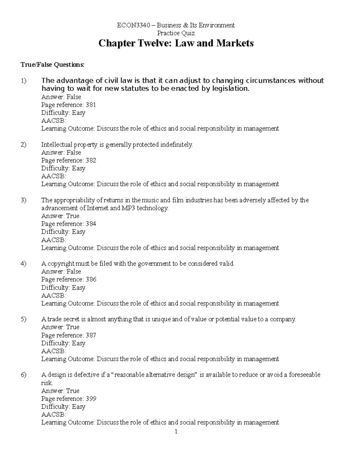 Ch 12 Practice Quiz with KEY - Practice Quiz Chapter Twelve: Law and ...