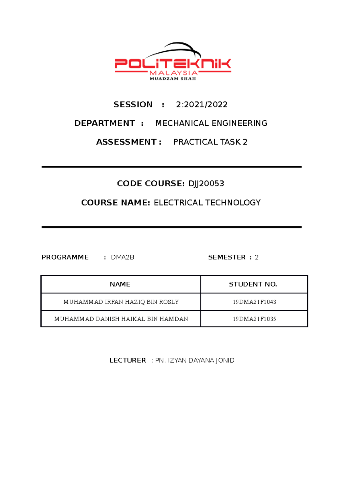 LAB ELEC 2 - hshsdthsfth - SESSION : 2:2021/ DEPARTMENT : MECHANICAL ENGINEERING ASSESSMENT ...