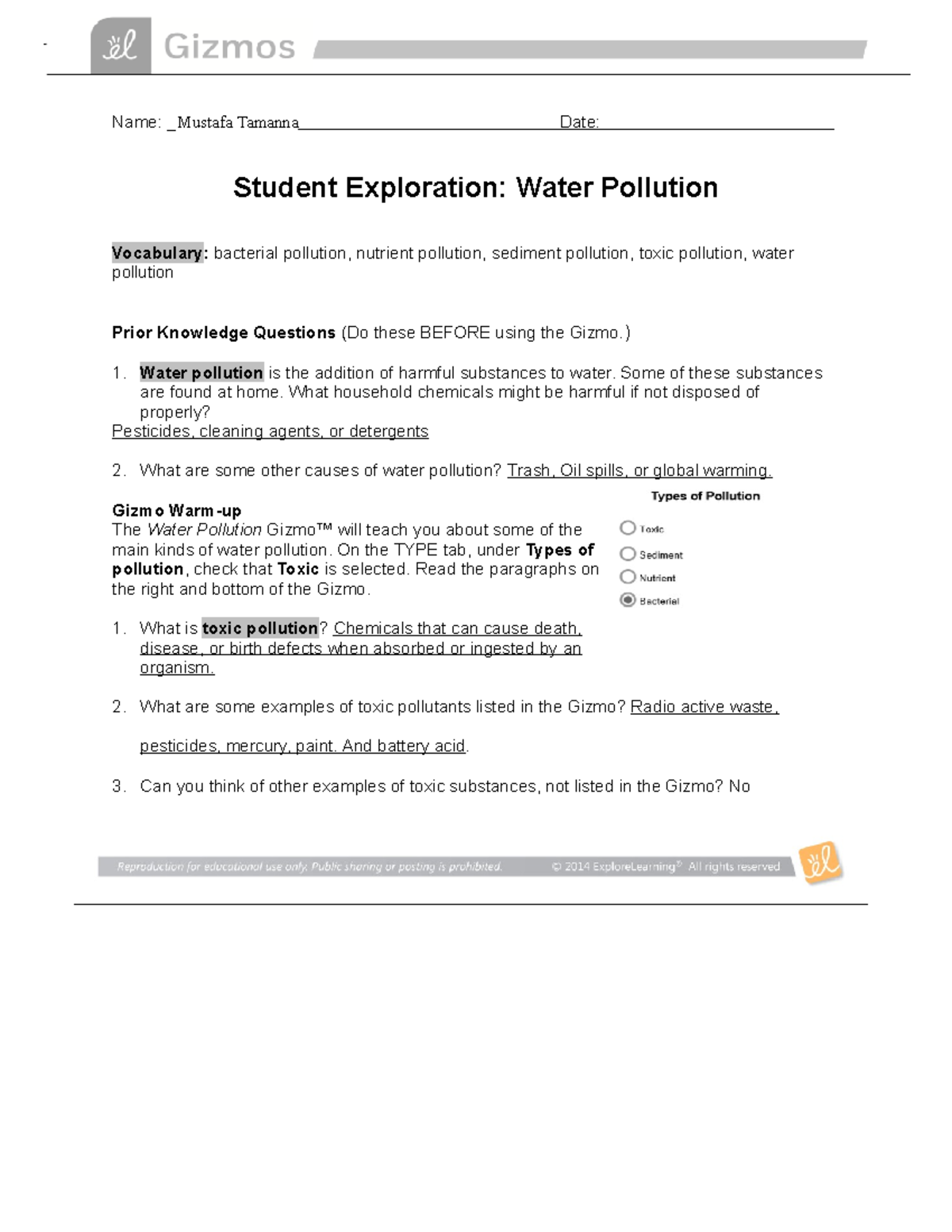 Water Pollution SE - Name: _Mustafa Tamanna Date: Student Exploration ...