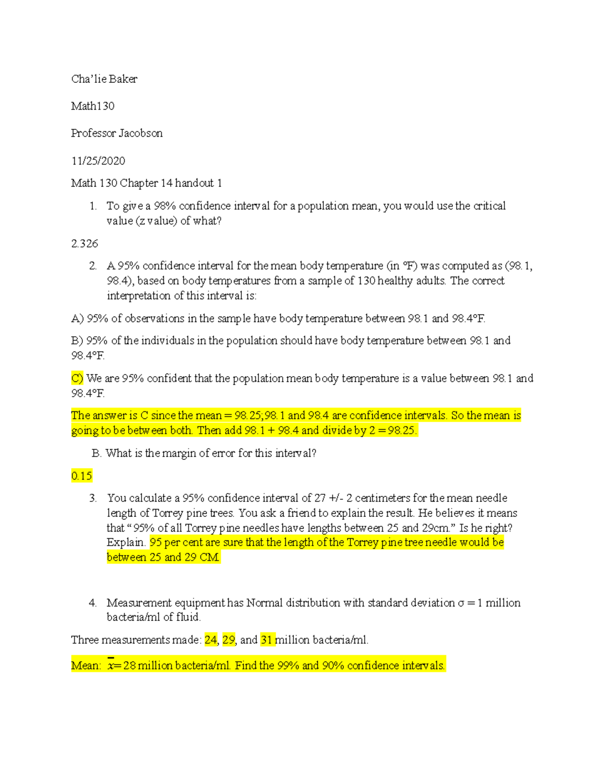 Wk 8 and 9 Chapter 14 Handout 1 - Cha’lie Baker Math Professor Jacobson ...