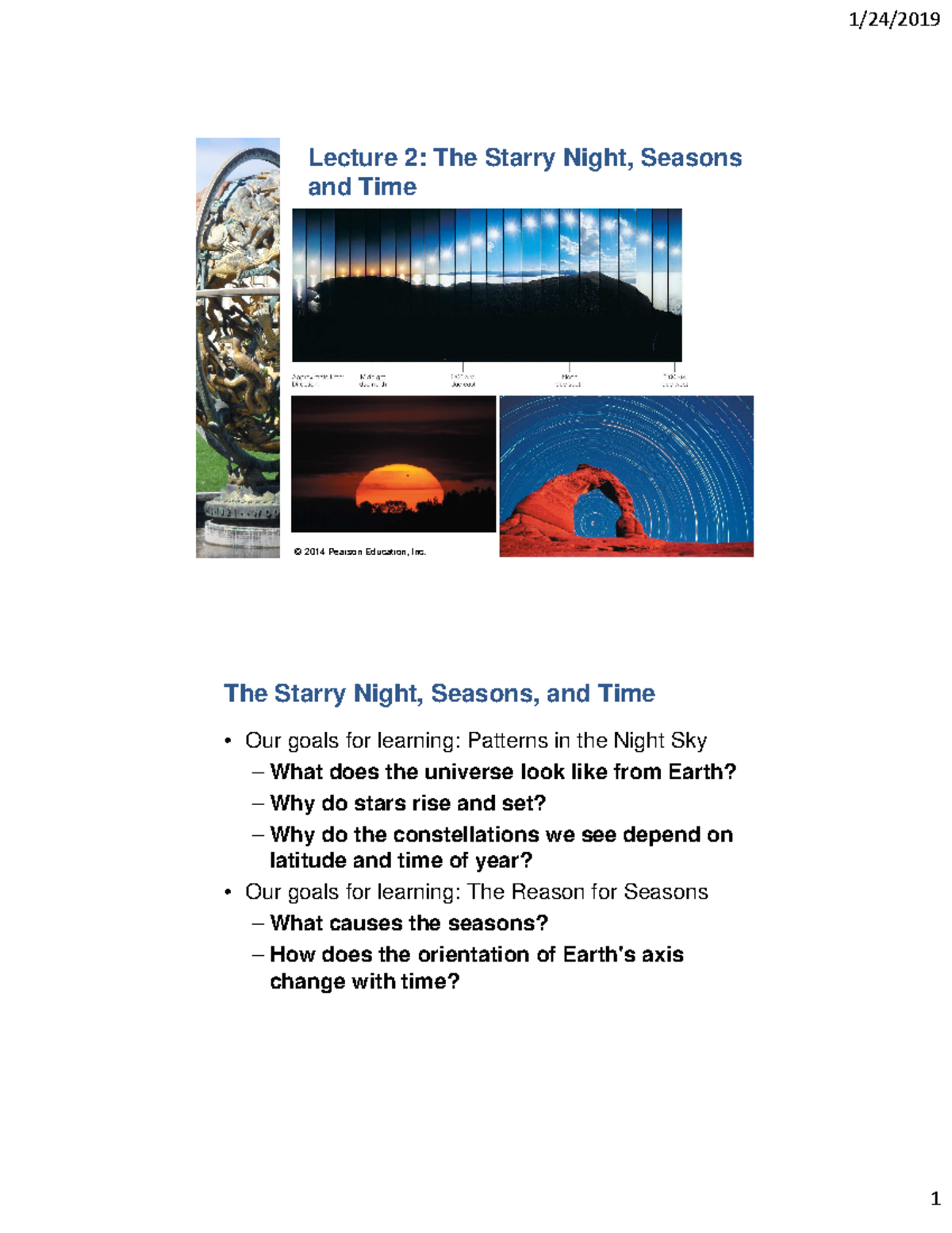 Lecture 2 Student Notes - Lecture 2: The Starry Night, Seasons and Time ...
