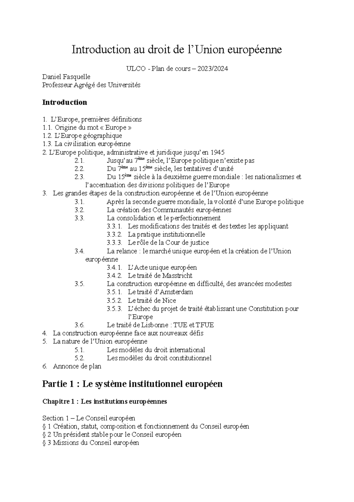 Plan Cours Droit européen 2023 2024 - Introduction au droit de l’Union ...