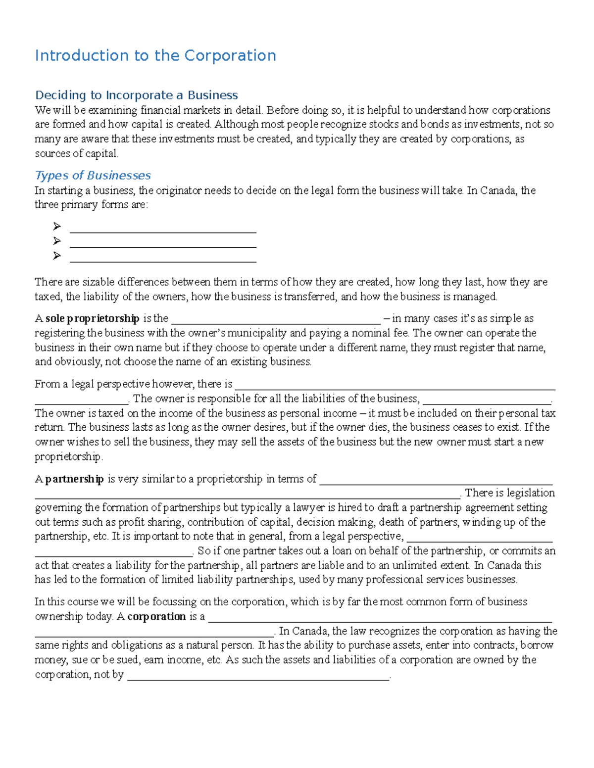 COMM 101 Lecture Unit 2 Corporations and Capital (blanks ...